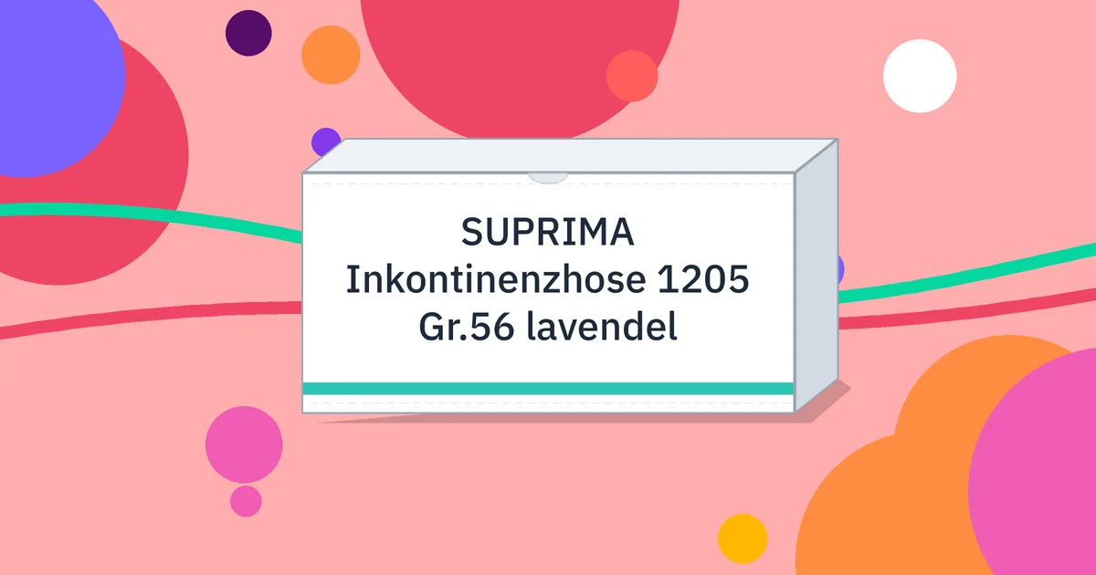 Symbolbild: Packung mit der Aufschrift SUPRIMA Inkontinenzhose 1205 Gr.56 lavendel (PZN 01634327) – Verfügbarkeit und Bezug in Apotheken in Frankfurt am Main