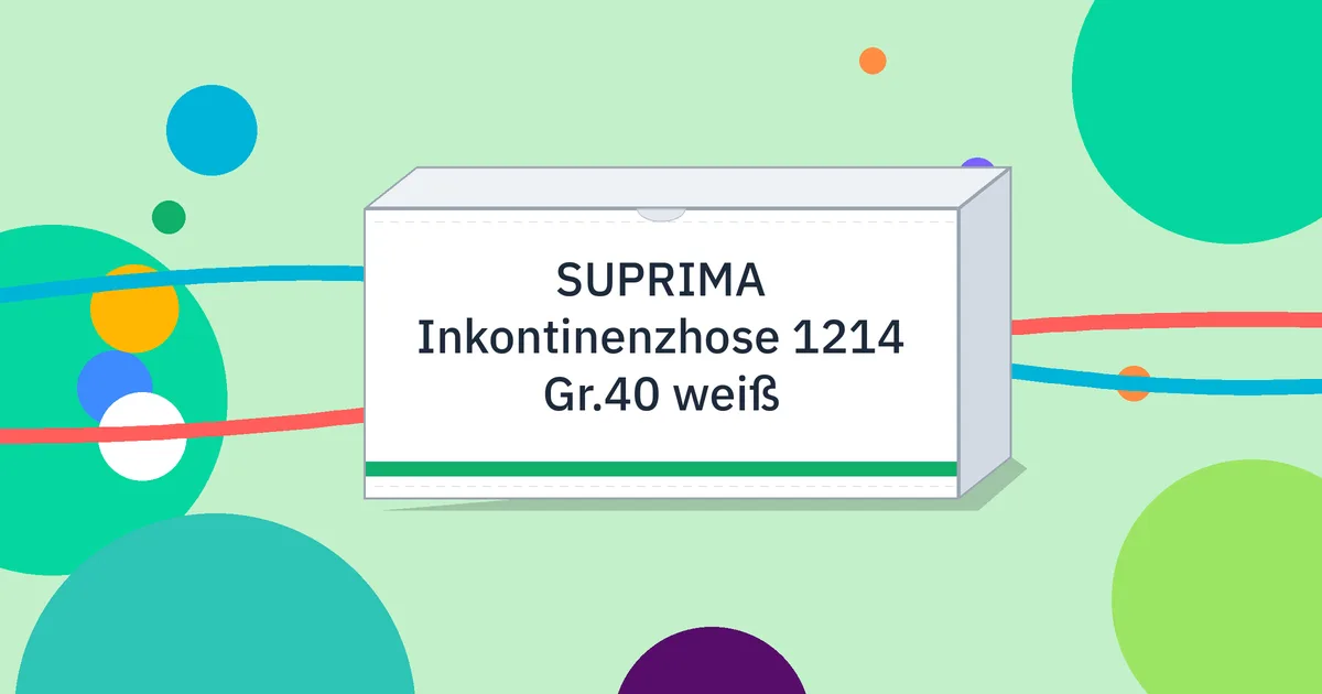 Symbolbild: Packung mit der Aufschrift SUPRIMA Inkontinenzhose 1214 Gr.40 weiß (PZN 02852500) – Verfügbarkeit und Bezug in Apotheken in Frankfurt am Main