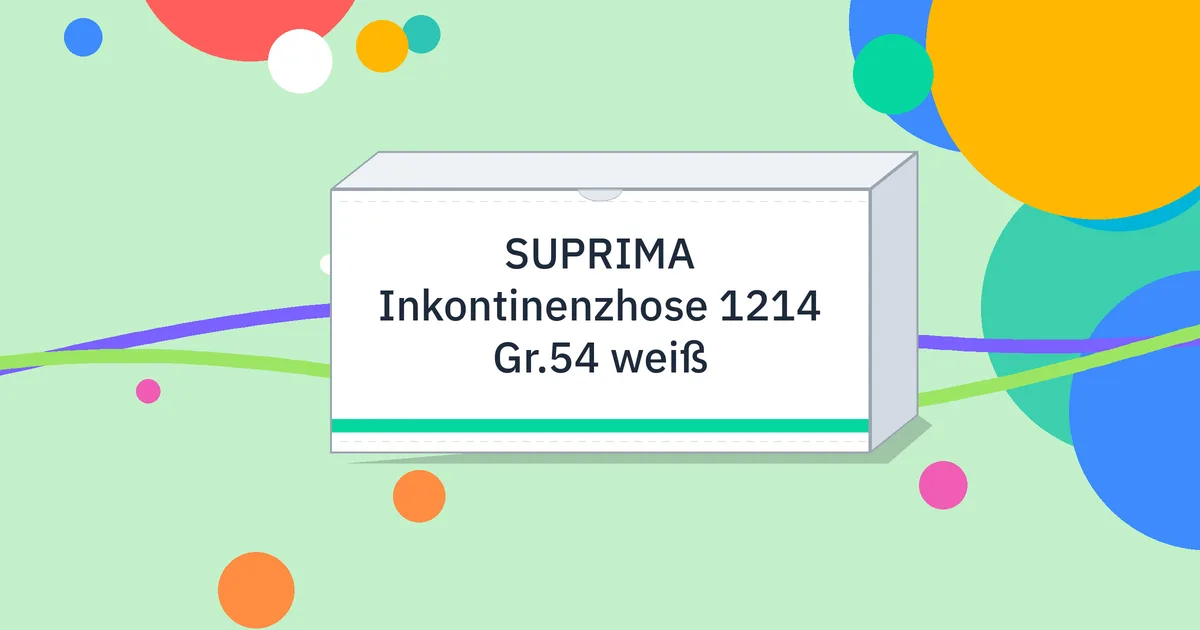 Symbolbild: Packung mit der Aufschrift SUPRIMA Inkontinenzhose 1214 Gr.54 weiß (PZN 02852581) – Verfügbarkeit und Bezug in Apotheken in Frankfurt am Main
