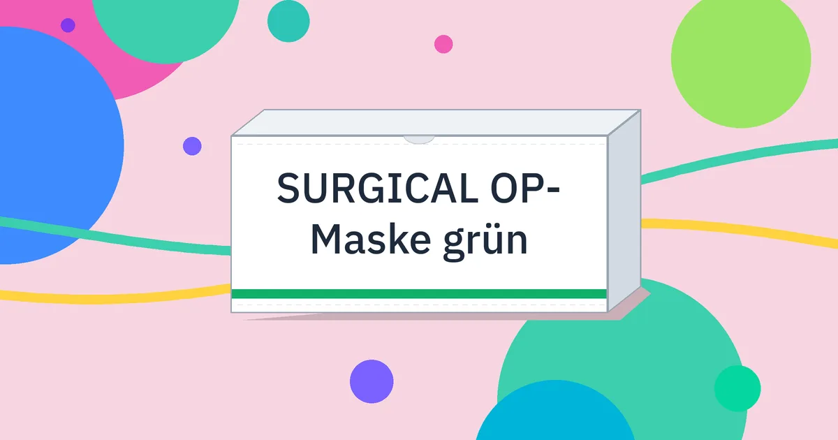Symbolbild: Packung mit der Aufschrift SURGICAL OP-Maske grün (PZN 07703897) – Verfügbarkeit und Bezug in Apotheken in Frankfurt am Main