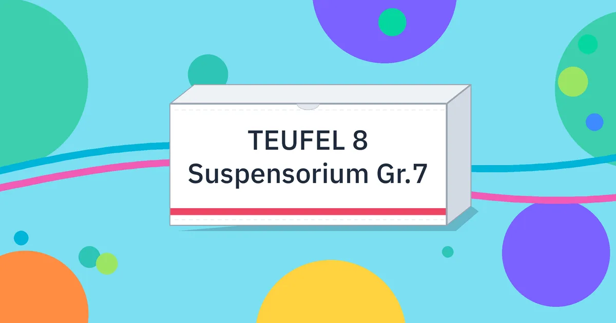 Symbolbild: Packung mit der Aufschrift TEUFEL 8 Suspensorium Gr.7 (PZN 02299374) – Verfügbarkeit und Bezug in Apotheken in Frankfurt am Main