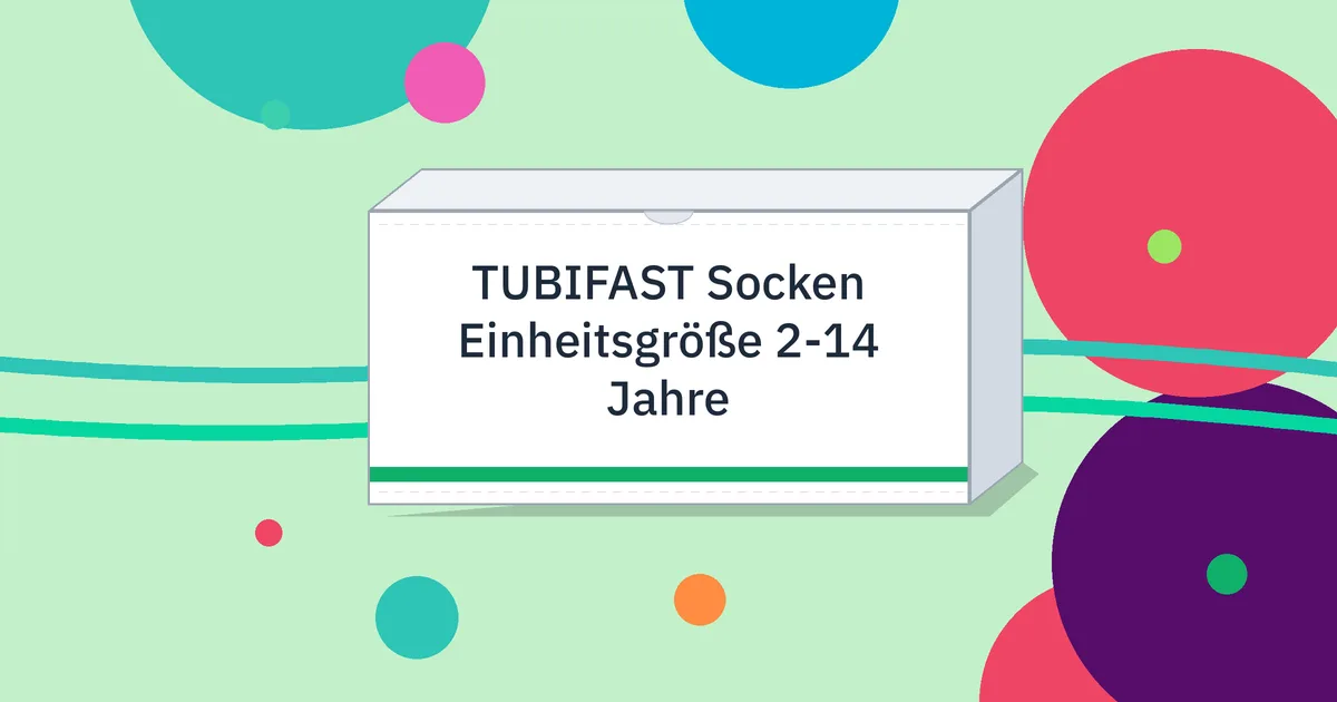 Symbolbild: Packung mit der Aufschrift TUBIFAST Socken Einheitsgröße 2-14 Jahre (PZN 10297886) – Verfügbarkeit und Bezug in Apotheken in Frankfurt am Main
