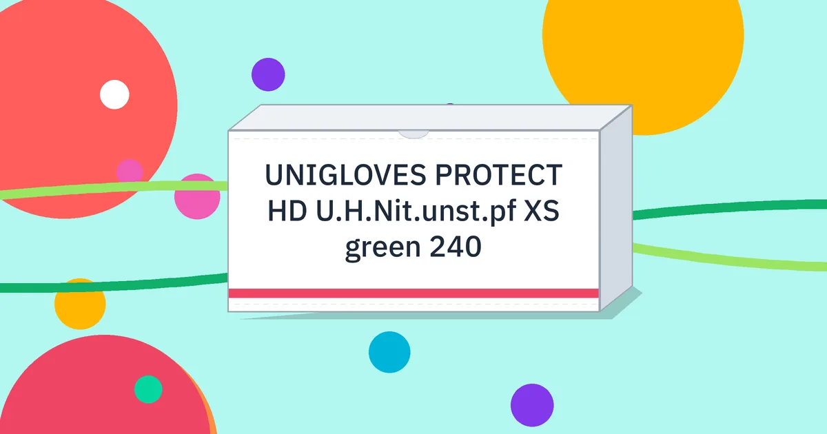 Symbolbild: Packung mit der Aufschrift UNIGLOVES PROTECT HD U.H.Nit.unst.pf XS green 240 (PZN 20189092) – Verfügbarkeit und Bezug in Apotheken in Frankfurt am Main
