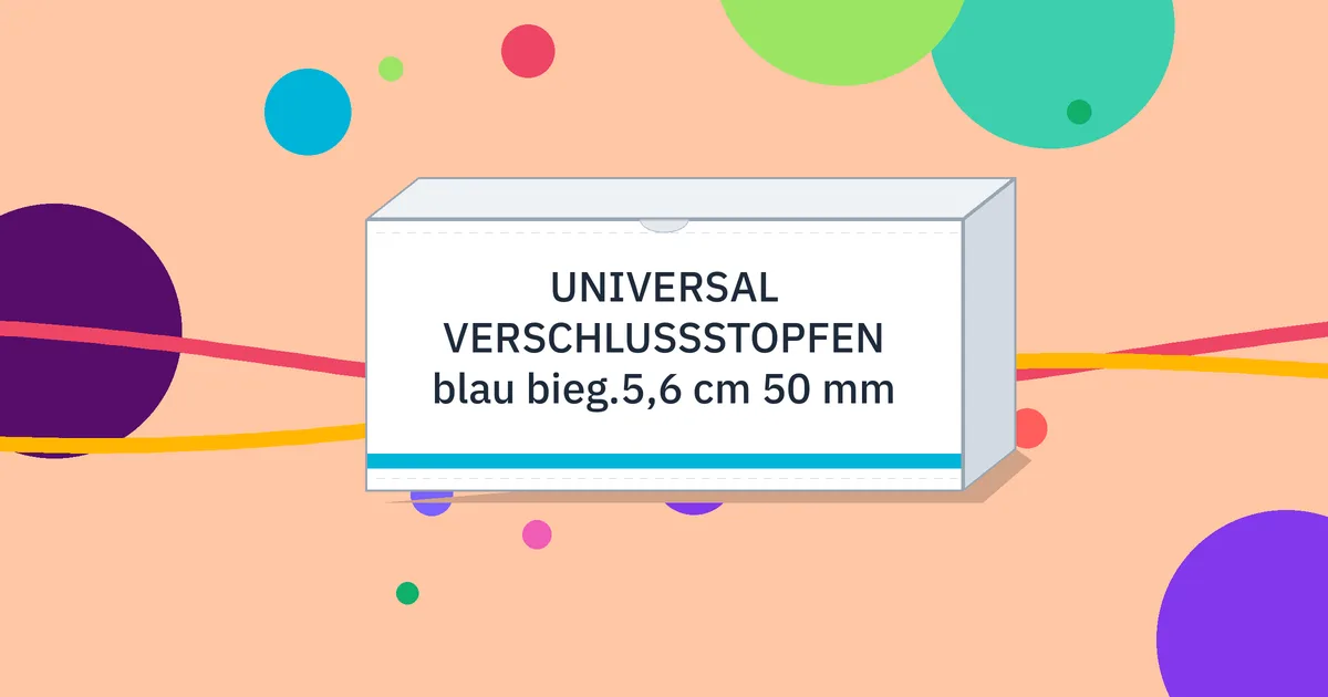 Symbolbild: Packung mit der Aufschrift UNIVERSAL VERSCHLUSSSTOPFEN blau bieg.5,6 cm 50 mm (PZN 04482421) – Verfügbarkeit und Bezug in Apotheken in Frankfurt am Main