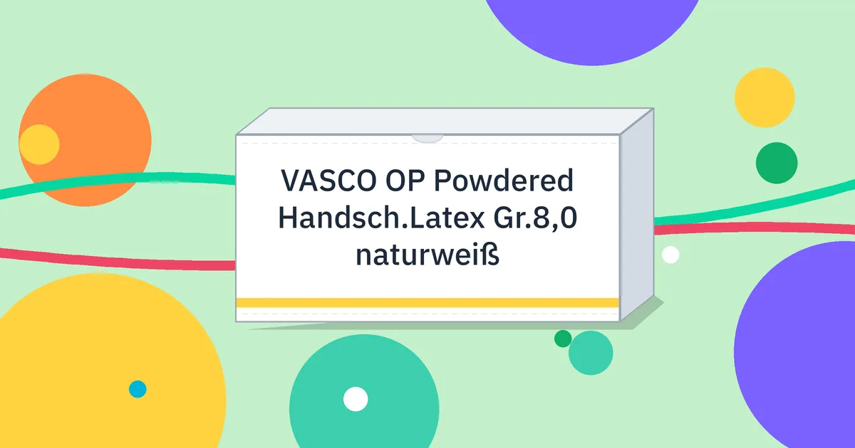 Symbolbild: Packung mit der Aufschrift VASCO OP Powdered Handsch.Latex Gr.8,0 naturweiß (PZN 14382749) – Verfügbarkeit und Bezug in Apotheken in Frankfurt am Main