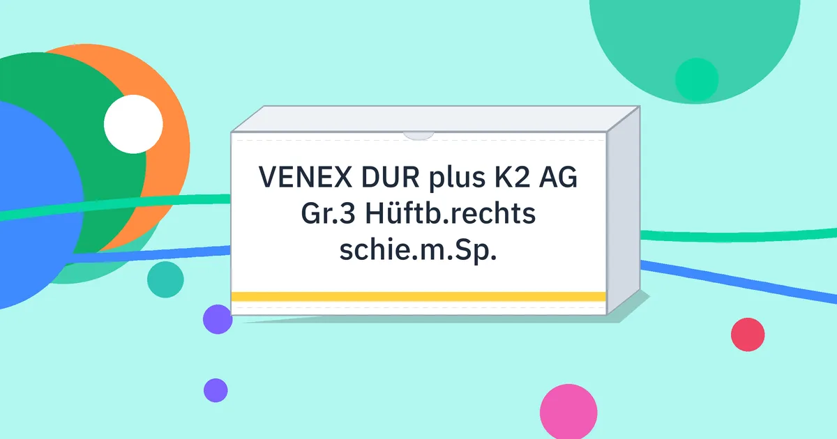 Symbolbild: Packung mit der Aufschrift VENEX DUR plus K2 AG Gr.3 Hüftb.rechts schie.m.Sp. (PZN 03237777) – Verfügbarkeit und Bezug in Apotheken in Frankfurt am Main