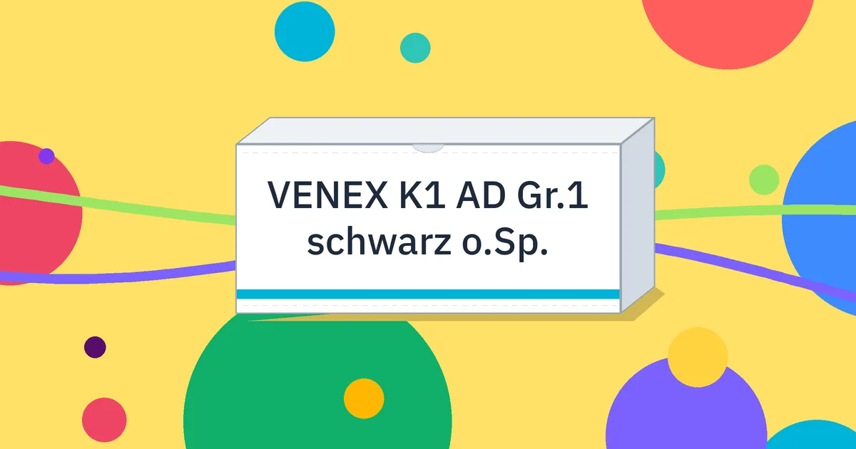 Symbolbild: Packung mit der Aufschrift VENEX K1 AD Gr.1 schwarz o.Sp. (PZN 03186086) – Verfügbarkeit und Bezug in Apotheken in Frankfurt am Main