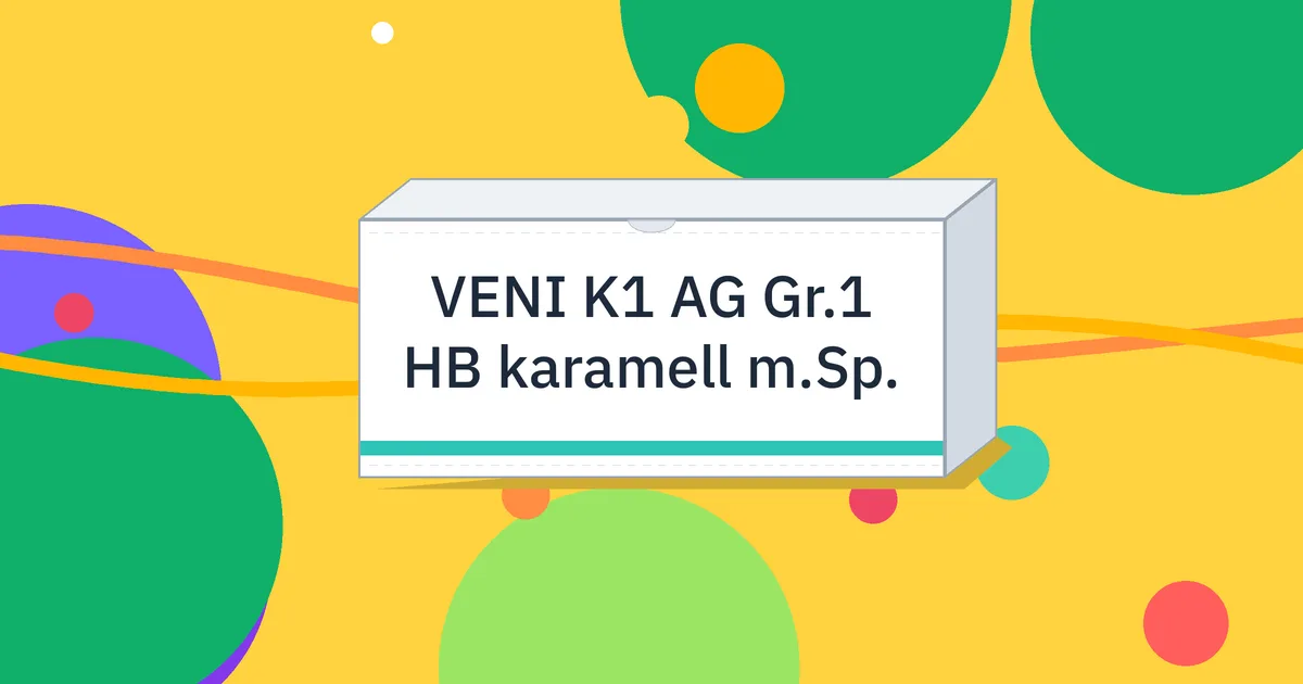 Symbolbild: Packung mit der Aufschrift VENI K1 AG Gr.1 HB karamell m.Sp. (PZN 13756366) – Verfügbarkeit und Bezug in Apotheken in Frankfurt am Main