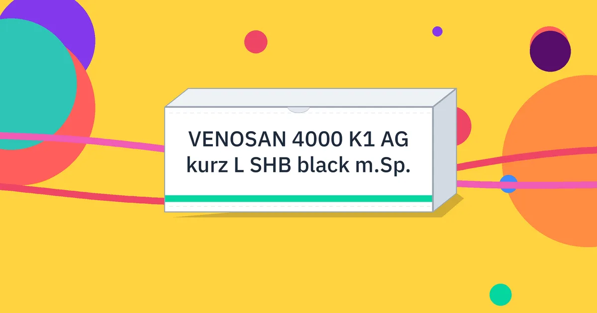 Symbolbild: Packung mit der Aufschrift VENOSAN 4000 K1 AG kurz L SHB black m.Sp. (PZN 14426990) – Verfügbarkeit und Bezug in Apotheken in Frankfurt am Main