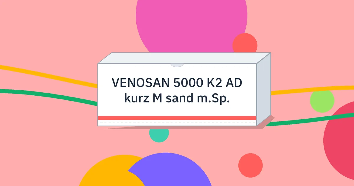 Symbolbild: Packung mit der Aufschrift VENOSAN 5000 K2 AD kurz M sand m.Sp. (PZN 14428641) – Verfügbarkeit und Bezug in Apotheken in Frankfurt am Main