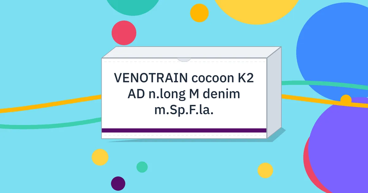 Symbolbild: Packung mit der Aufschrift VENOTRAIN cocoon K2 AD n.long M denim m.Sp.F.la. (PZN 19199168) – Verfügbarkeit und Bezug in Apotheken in Frankfurt am Main