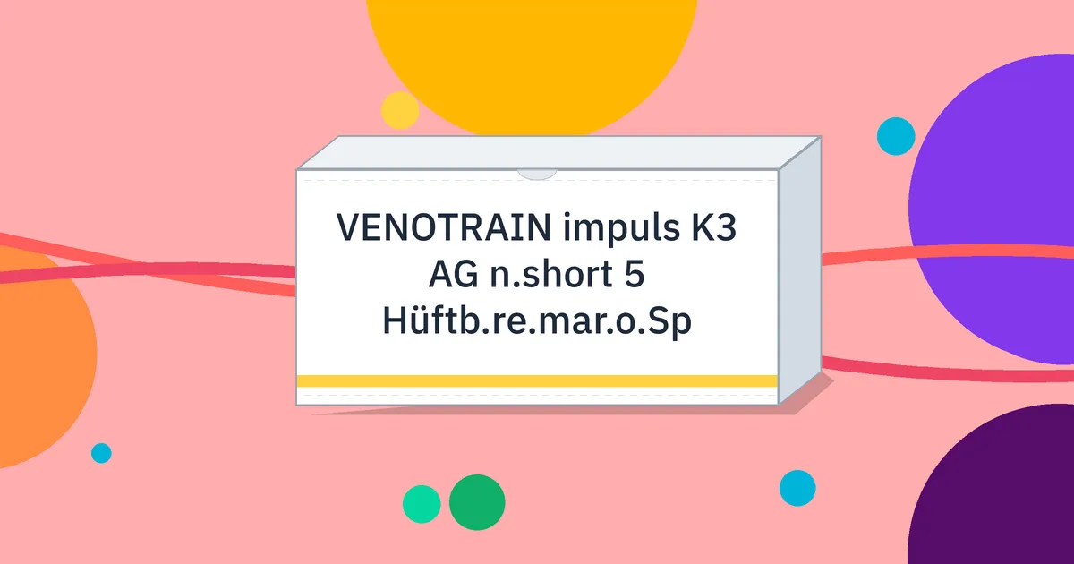 Symbolbild: Packung mit der Aufschrift VENOTRAIN impuls K3 AG n.short 5 Hüftb.re.mar.o.Sp (PZN 15217857) – Verfügbarkeit und Bezug in Apotheken in Frankfurt am Main