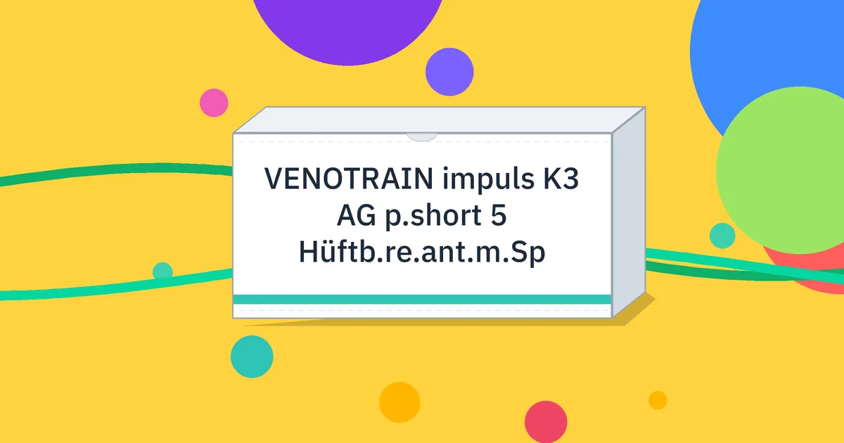 Symbolbild: Packung mit der Aufschrift VENOTRAIN impuls K3 AG p.short 5 Hüftb.re.ant.m.Sp (PZN 15218302) – Verfügbarkeit und Bezug in Apotheken in Frankfurt am Main