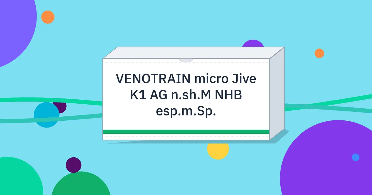 Symbolbild: Packung mit der Aufschrift VENOTRAIN micro Jive K1 AG n.sh.M NHB esp.m.Sp. (PZN 17765698) – Verfügbarkeit und Bezug in Apotheken in Frankfurt am Main