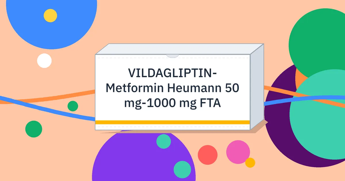 Symbolbild: Packung mit der Aufschrift VILDAGLIPTIN-Metformin Heumann 50 mg-1000 mg FTA (PZN 17367466) – Verfügbarkeit und Bezug in Apotheken in Frankfurt am Main