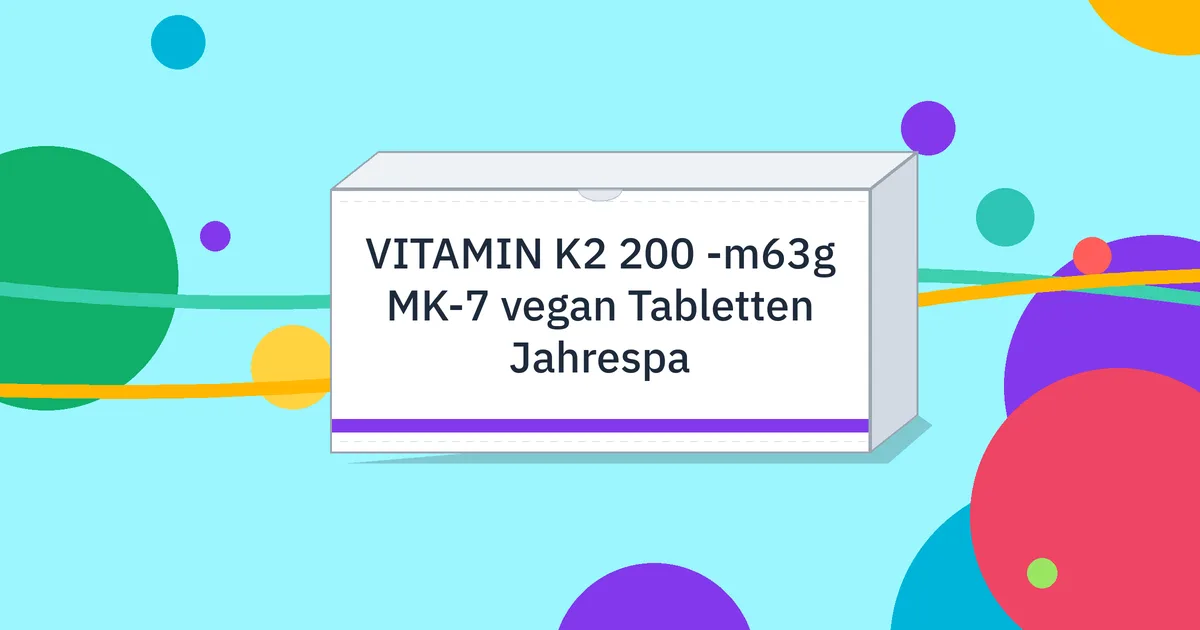 Symbolbild: Packung mit der Aufschrift VITAMIN K2 200 -m63g MK-7 vegan Tabletten Jahrespa (PZN 18210092) – Verfügbarkeit und Bezug in Apotheken in Frankfurt am Main