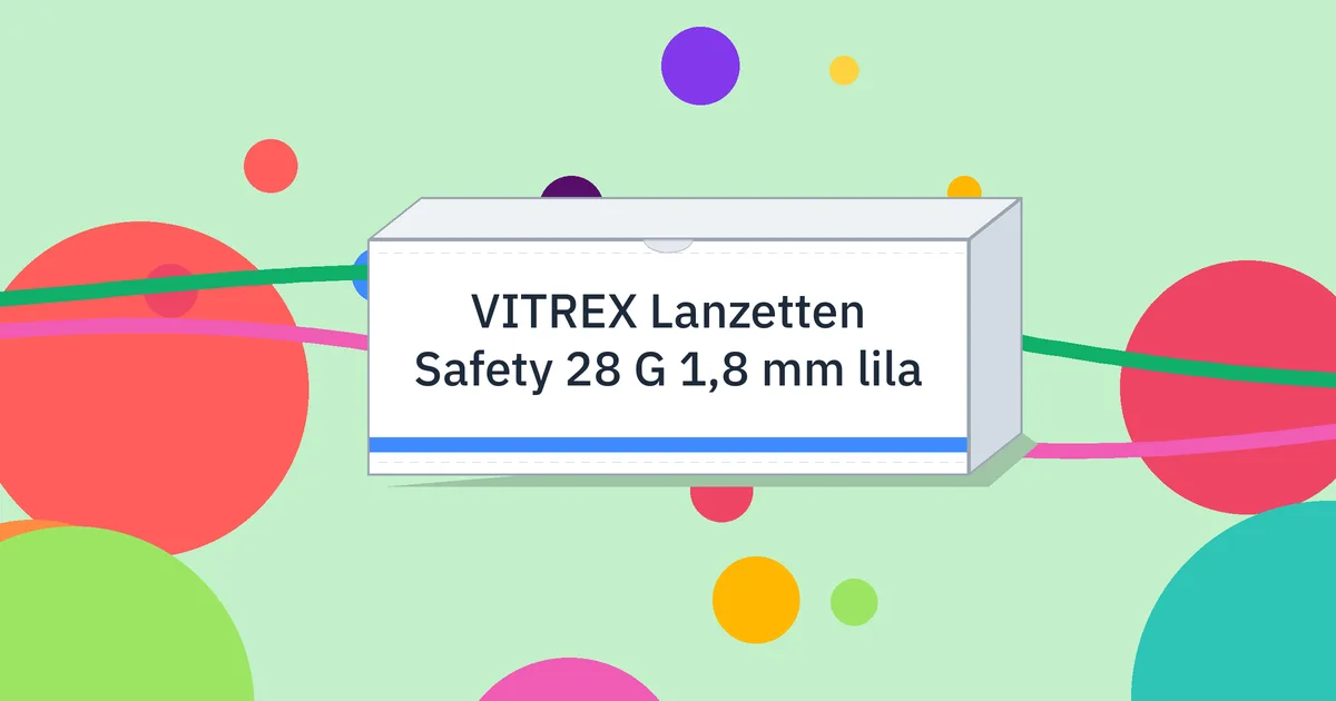 Symbolbild: Packung mit der Aufschrift VITREX Lanzetten Safety 28 G 1,8 mm lila (PZN 16016931) – Verfügbarkeit und Bezug in Apotheken in Frankfurt am Main