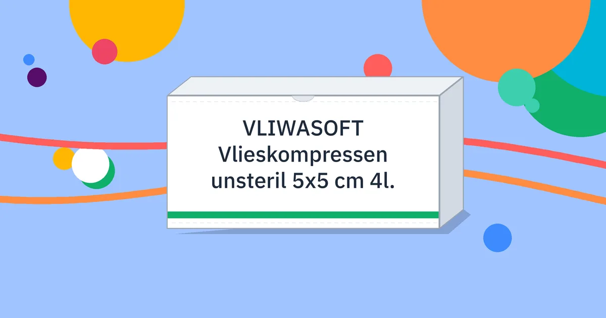 Symbolbild: Packung mit der Aufschrift VLIWASOFT Vlieskompressen unsteril 5x5 cm 4l. (PZN 03806910) – Verfügbarkeit und Bezug in Apotheken in Frankfurt am Main