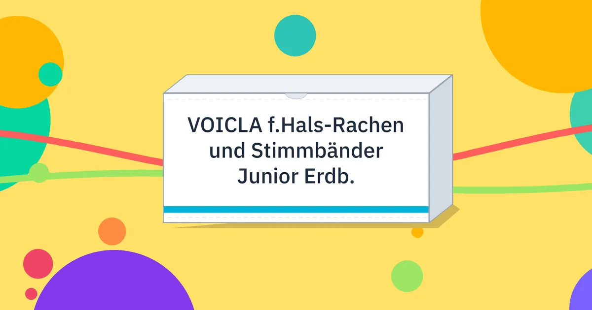 Symbolbild: Packung mit der Aufschrift VOICLA f.Hals-Rachen und Stimmbänder Junior Erdb. (PZN 20009753) – Verfügbarkeit und Bezug in Apotheken in Frankfurt am Main