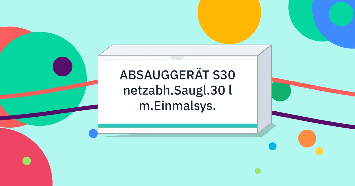 Symbolbild: Packung mit der Aufschrift ABSAUGGERÄT S30 netzabh.Saugl.30 l m.Einmalsys. (PZN 00763028) – Verfügbarkeit und Bezug in Apotheken in Frankfurt am Main