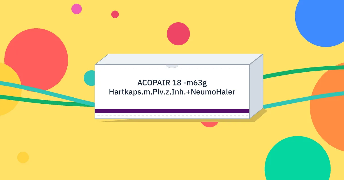 Symbolbild: Packung mit der Aufschrift ACOPAIR 18 -m63g Hartkaps.m.Plv.z.Inh.+NeumoHaler (PZN 14211315) – Verfügbarkeit und Bezug in Apotheken in Frankfurt am Main