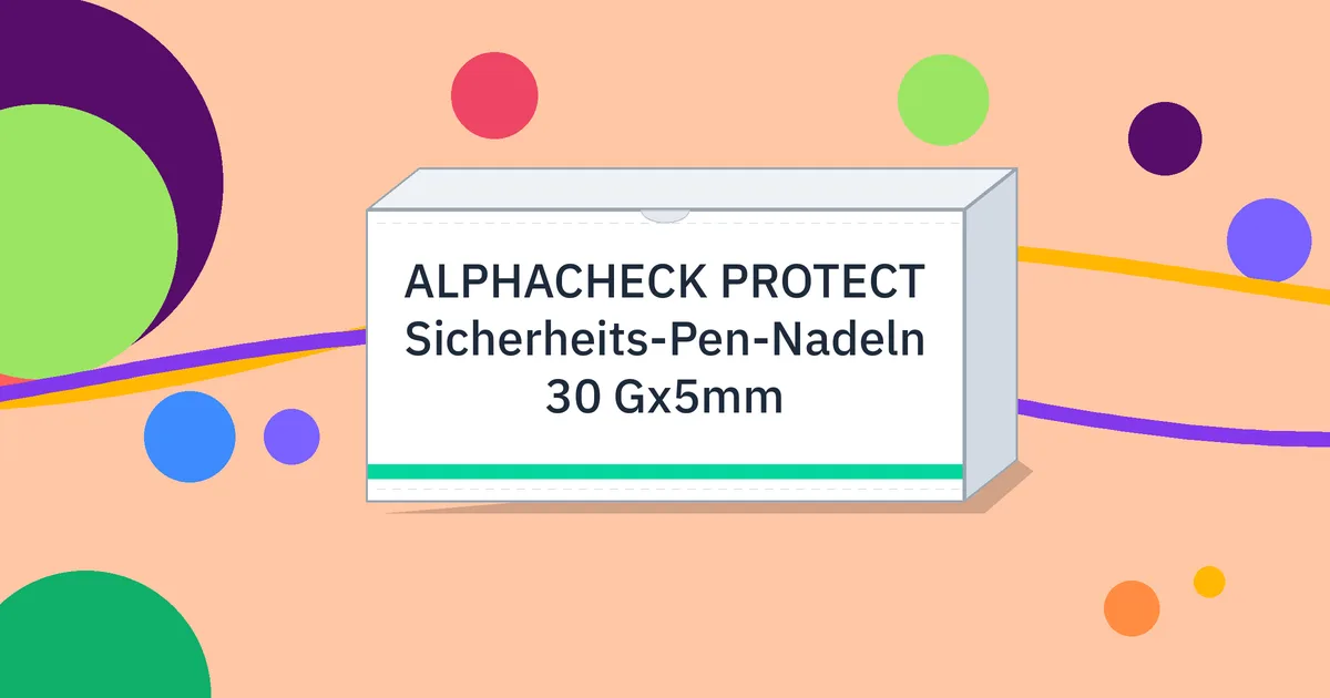 Symbolbild: Packung mit der Aufschrift ALPHACHECK PROTECT Sicherheits-Pen-Nadeln 30 Gx5mm (PZN 17197981) – Verfügbarkeit und Bezug in Apotheken in Frankfurt am Main