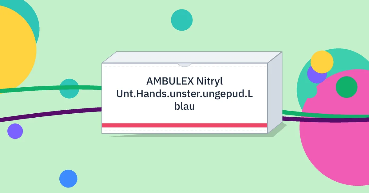 Symbolbild: Packung mit der Aufschrift AMBULEX Nitryl Unt.Hands.unster.ungepud.L blau (PZN 12338218) – Verfügbarkeit und Bezug in Apotheken in Frankfurt am Main