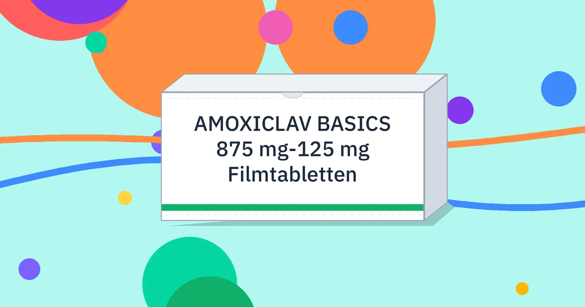 Symbolbild: Packung mit der Aufschrift AMOXICLAV BASICS 875 mg-125 mg Filmtabletten (PZN 17944337) – Verfügbarkeit und Bezug in Apotheken in Frankfurt am Main