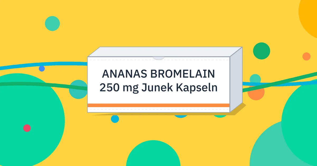 Symbolbild: Packung mit der Aufschrift ANANAS BROMELAIN 250 mg Junek Kapseln (PZN 02572404) – Verfügbarkeit und Bezug in Apotheken in Frankfurt am Main