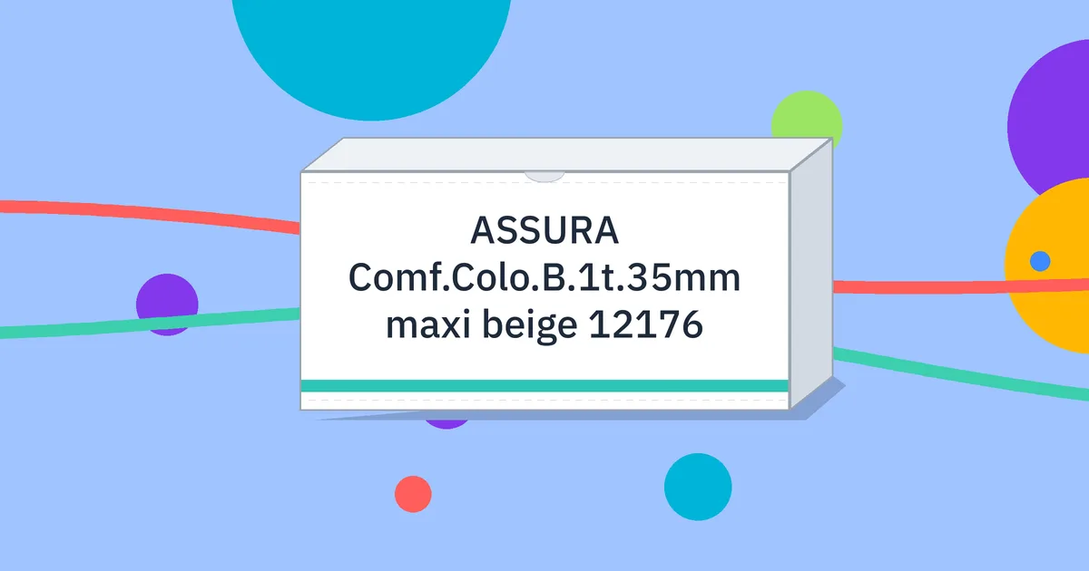 Symbolbild: Packung mit der Aufschrift ASSURA Comf.Colo.B.1t.35mm maxi beige 12176 (PZN 00893110) – Verfügbarkeit und Bezug in Apotheken in Frankfurt am Main