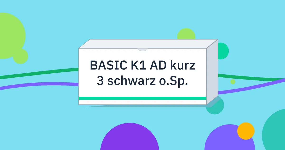 Symbolbild: Packung mit der Aufschrift BASIC K1 AD kurz 3 schwarz o.Sp. (PZN 20257764) – Verfügbarkeit und Bezug in Apotheken in Frankfurt am Main