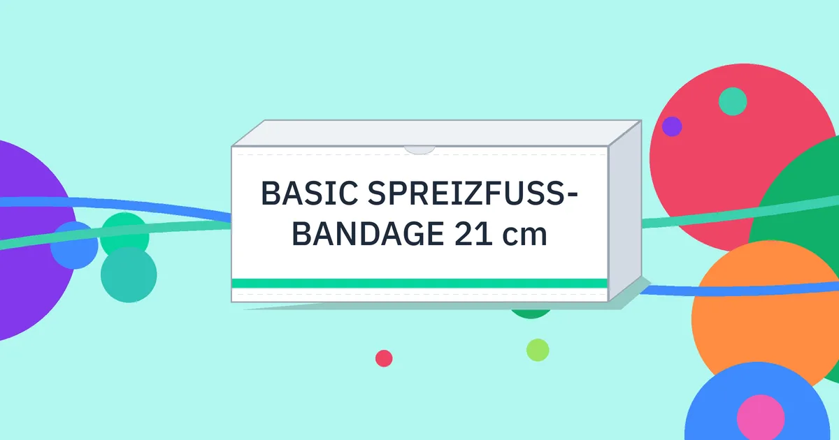 Symbolbild: Packung mit der Aufschrift BASIC SPREIZFUSS-BANDAGE 21 cm (PZN 15381048) – Verfügbarkeit und Bezug in Apotheken in Frankfurt am Main