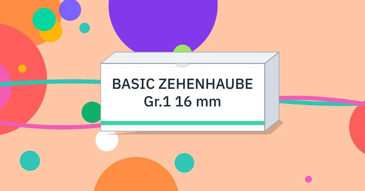 Symbolbild: Packung mit der Aufschrift BASIC ZEHENHAUBE Gr.1 16 mm (PZN 15380675) – Verfügbarkeit und Bezug in Apotheken in Frankfurt am Main