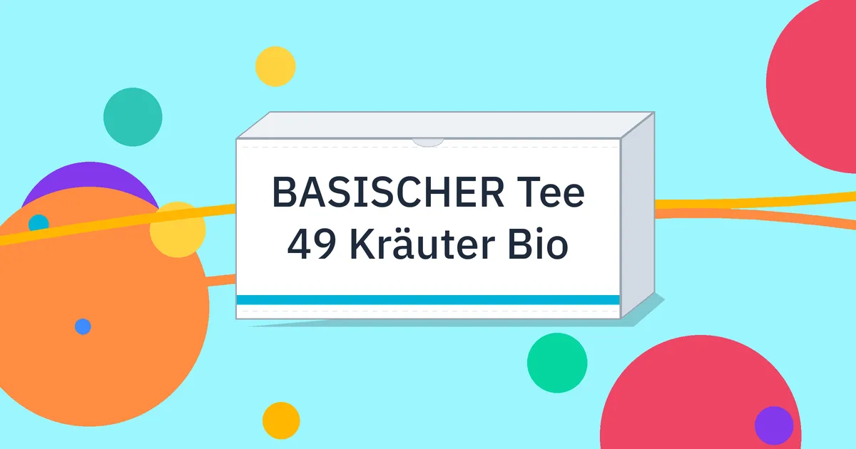 Symbolbild: Packung mit der Aufschrift BASISCHER Tee 49 Kräuter Bio (PZN 02399762) – Verfügbarkeit und Bezug in Apotheken in Frankfurt am Main