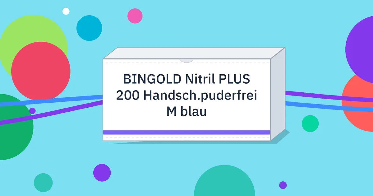 Symbolbild: Packung mit der Aufschrift BINGOLD Nitril PLUS 200 Handsch.puderfrei M blau (PZN 13542205) – Verfügbarkeit und Bezug in Apotheken in Frankfurt am Main