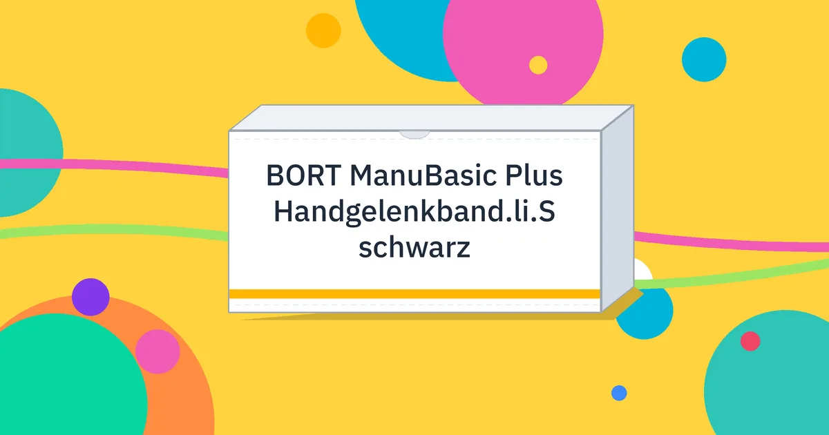 Symbolbild: Packung mit der Aufschrift BORT ManuBasic Plus Handgelenkband.li.S schwarz (PZN 12573468) – Verfügbarkeit und Bezug in Apotheken in Frankfurt am Main
