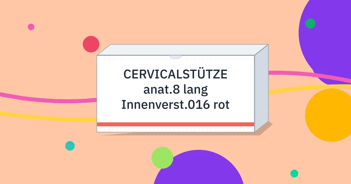 Symbolbild: Packung mit der Aufschrift CERVICALSTÜTZE anat.8 lang Innenverst.016 rot (PZN 08895019) – Verfügbarkeit und Bezug in Apotheken in Frankfurt am Main