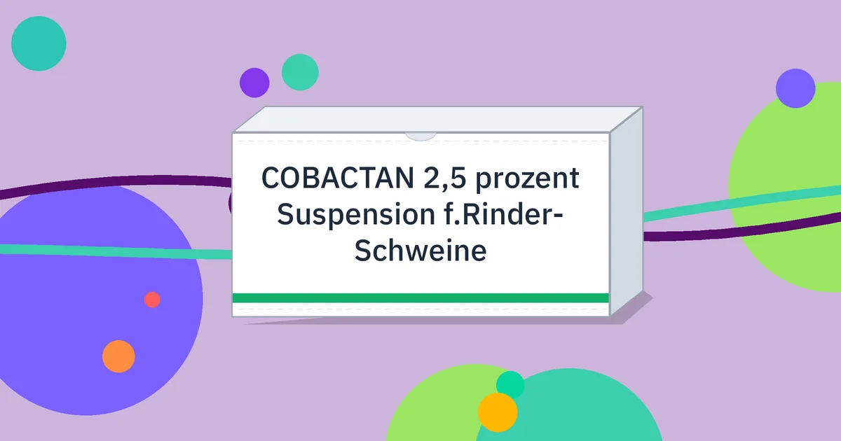 Symbolbild: Packung mit der Aufschrift COBACTAN 2,5 prozent Suspension f.Rinder-Schweine (PZN 07662394) – Verfügbarkeit und Bezug in Apotheken in Frankfurt am Main