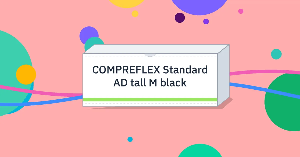 Symbolbild: Packung mit der Aufschrift COMPREFLEX Standard AD tall M black (PZN 19534939) – Verfügbarkeit und Bezug in Apotheken in Frankfurt am Main
