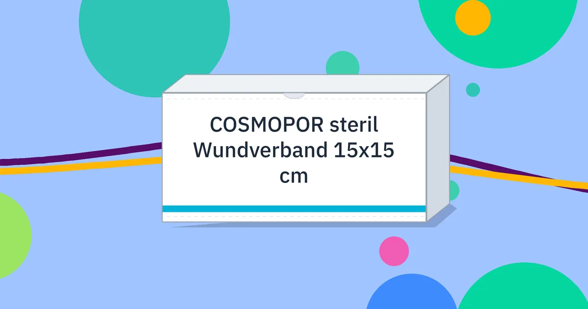 Symbolbild: Packung mit der Aufschrift COSMOPOR steril Wundverband 15x15 cm (PZN 12577727) – Verfügbarkeit und Bezug in Apotheken in Frankfurt am Main
