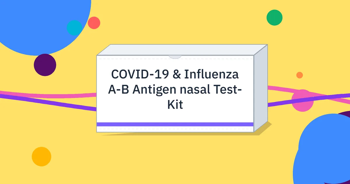 Symbolbild: Packung mit der Aufschrift COVID-19 & Influenza A-B Antigen nasal Test-Kit (PZN 20578132) – Verfügbarkeit und Bezug in Apotheken in Frankfurt am Main