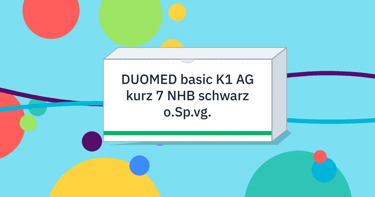 Symbolbild: Packung mit der Aufschrift DUOMED basic K1 AG kurz 7 NHB schwarz o.Sp.vg. (PZN 20904790) – Verfügbarkeit und Bezug in Apotheken in Frankfurt am Main