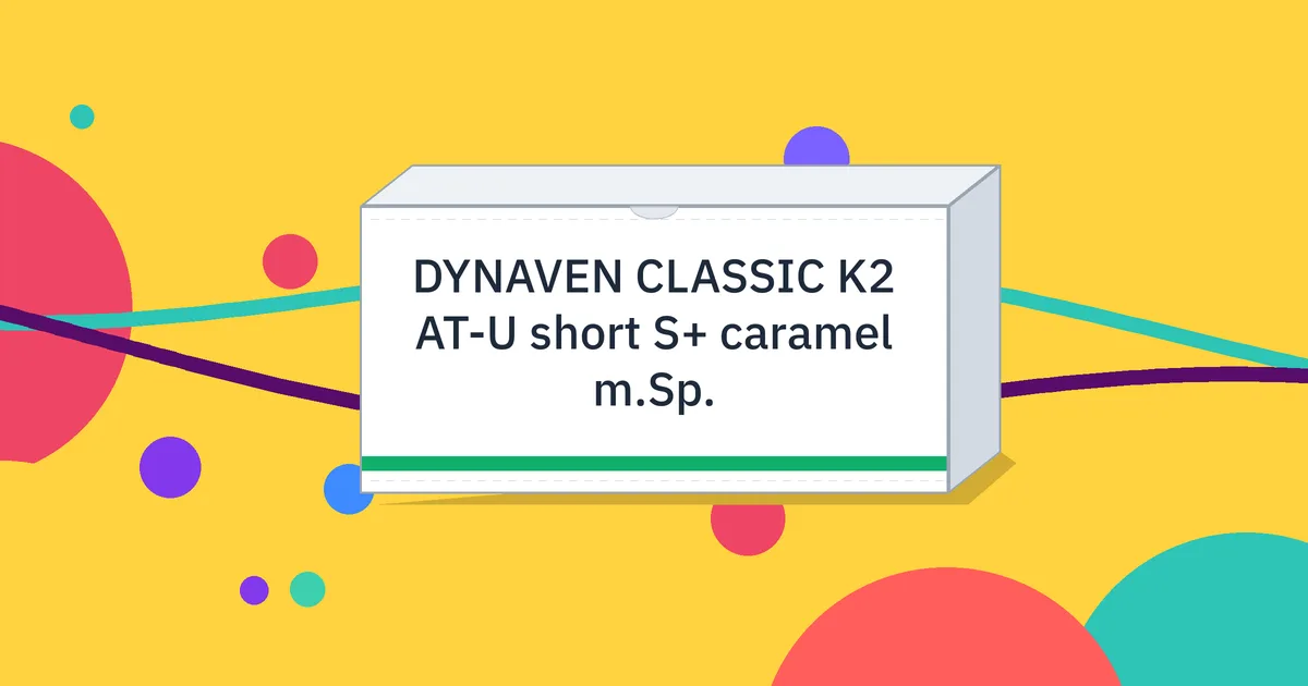 Symbolbild: Packung mit der Aufschrift DYNAVEN CLASSIC K2 AT-U short S+ caramel m.Sp. (PZN 18419975) – Verfügbarkeit und Bezug in Apotheken in Frankfurt am Main