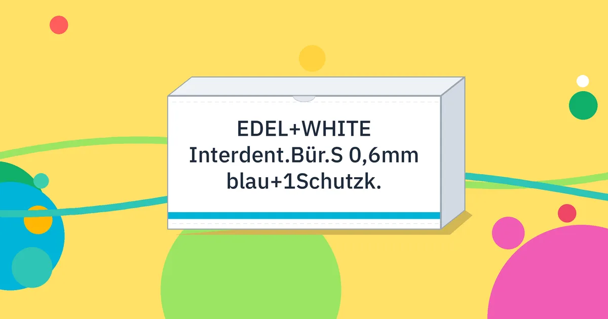 Symbolbild: Packung mit der Aufschrift EDEL+WHITE Interdent.Bür.S 0,6mm blau+1Schutzk. (PZN 00171210) – Verfügbarkeit und Bezug in Apotheken in Frankfurt am Main