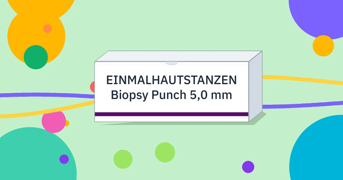 Symbolbild: Packung mit der Aufschrift EINMALHAUTSTANZEN Biopsy Punch 5,0 mm (PZN 19104127) – Verfügbarkeit und Bezug in Apotheken in Frankfurt am Main