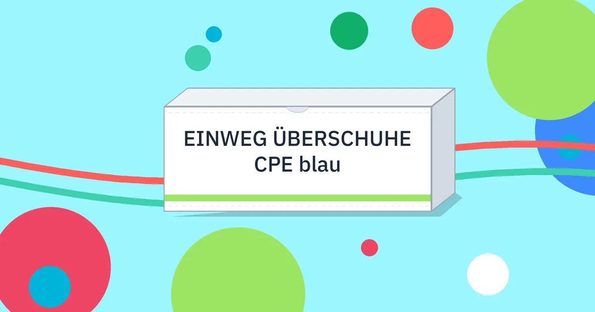 Symbolbild: Packung mit der Aufschrift EINWEG ÜBERSCHUHE CPE blau (PZN 09335541) – Verfügbarkeit und Bezug in Apotheken in Frankfurt am Main