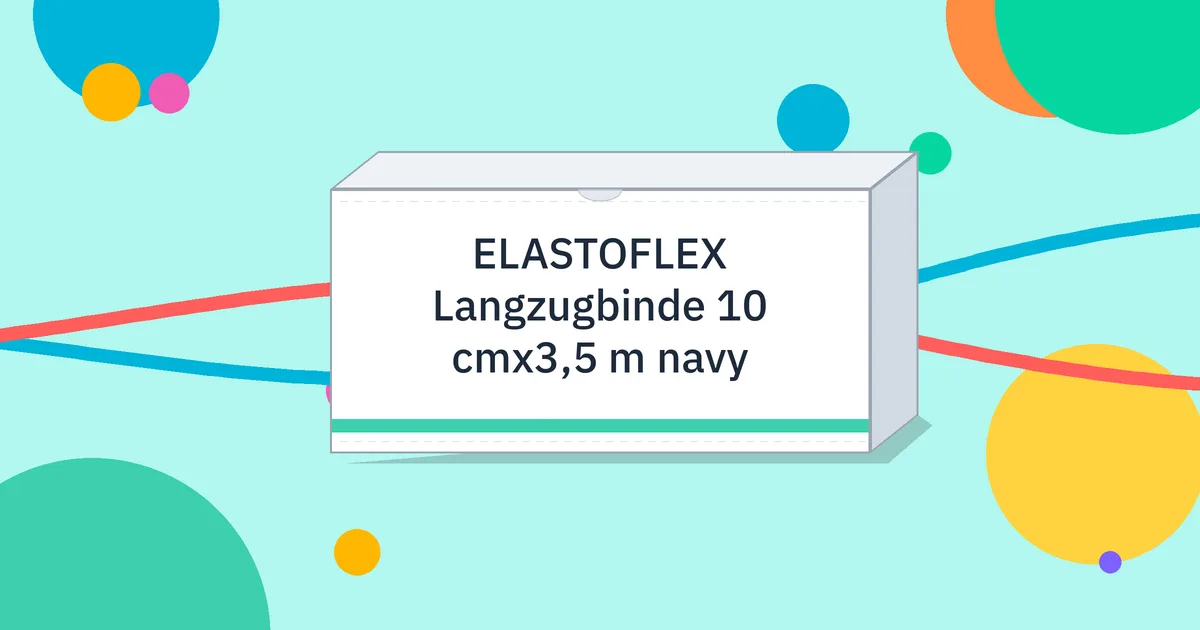 Symbolbild: Packung mit der Aufschrift ELASTOFLEX Langzugbinde 10 cmx3,5 m navy (PZN 17175353) – Verfügbarkeit und Bezug in Apotheken in Frankfurt am Main