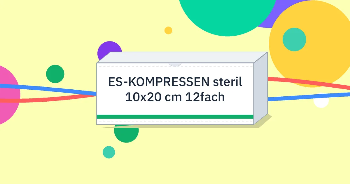 Symbolbild: Packung mit der Aufschrift ES-KOMPRESSEN steril 10x20 cm 12fach (PZN 18375887) – Verfügbarkeit und Bezug in Apotheken in Frankfurt am Main