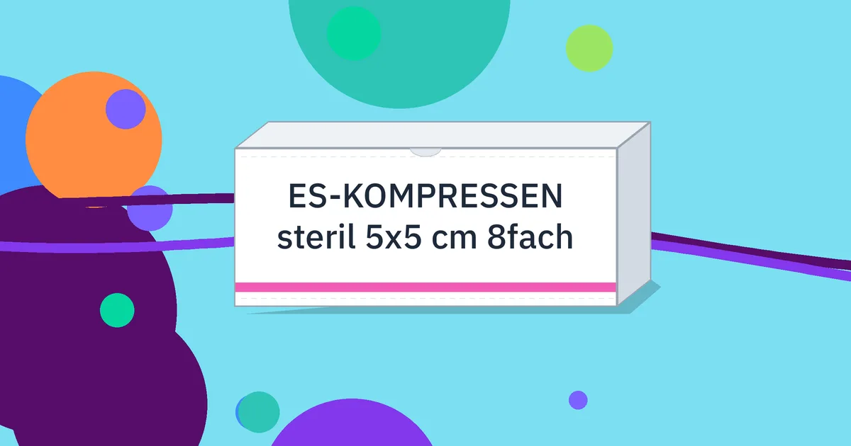 Symbolbild: Packung mit der Aufschrift ES-KOMPRESSEN steril 5x5 cm 8fach (PZN 18363140) – Verfügbarkeit und Bezug in Apotheken in Frankfurt am Main