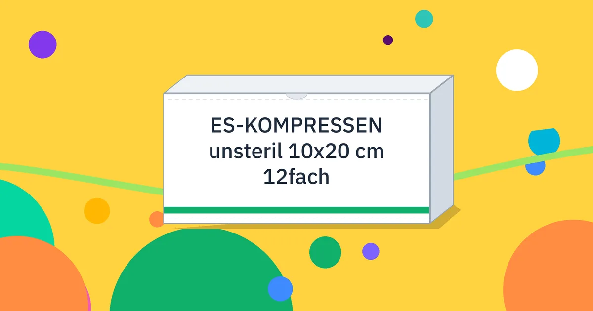 Symbolbild: Packung mit der Aufschrift ES-KOMPRESSEN unsteril 10x20 cm 12fach (PZN 19357265) – Verfügbarkeit und Bezug in Apotheken in Frankfurt am Main